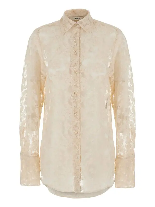 Fendi White Shirt With Classic Collar And All-over Floral Embroidery In Cotton Blend For - Multicolor