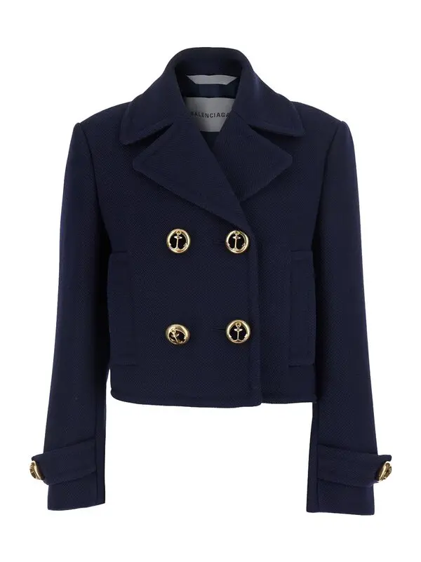Balenciaga Blue Cropped Jacket With Wide Notched Revers And Halfbelt In Wool For - Multicolor