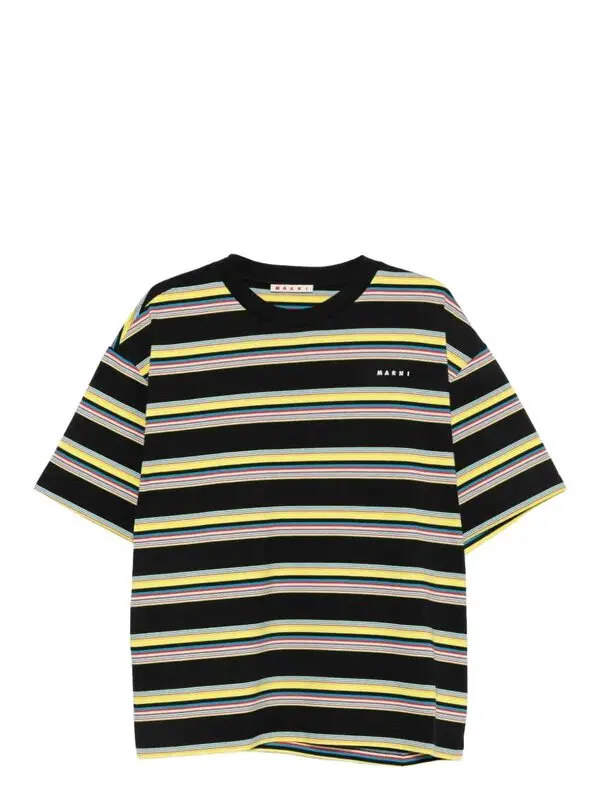 Marni Striped Cotton T-shirt With Logo Print - Black