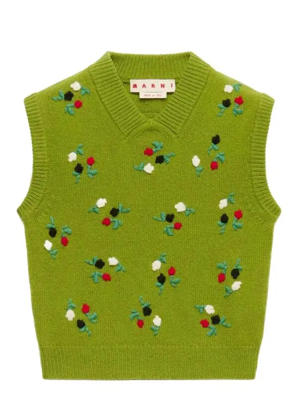 Marni Wool And Cashmere Vest With Floral Embroidery - Green