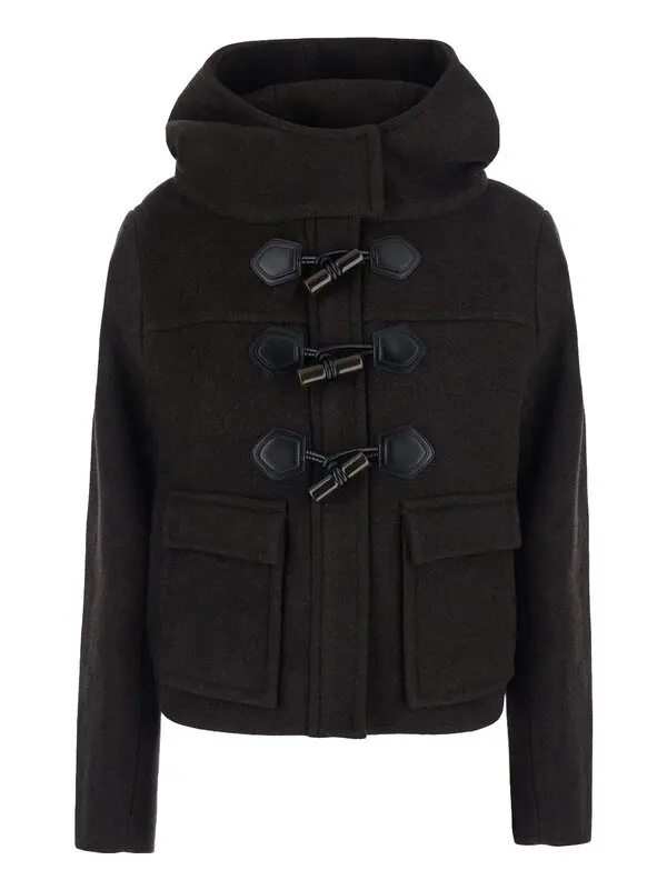 GANNI Brown Hooded Jacket With Front Toggle Closure In Wool Blend For - Multicolor