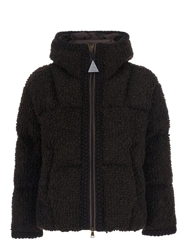 Moncler Cristalline' Brown Down Jacket With Hood And Logo Patch On Sleeve In Wool And Tech Fabric For - Multicolor