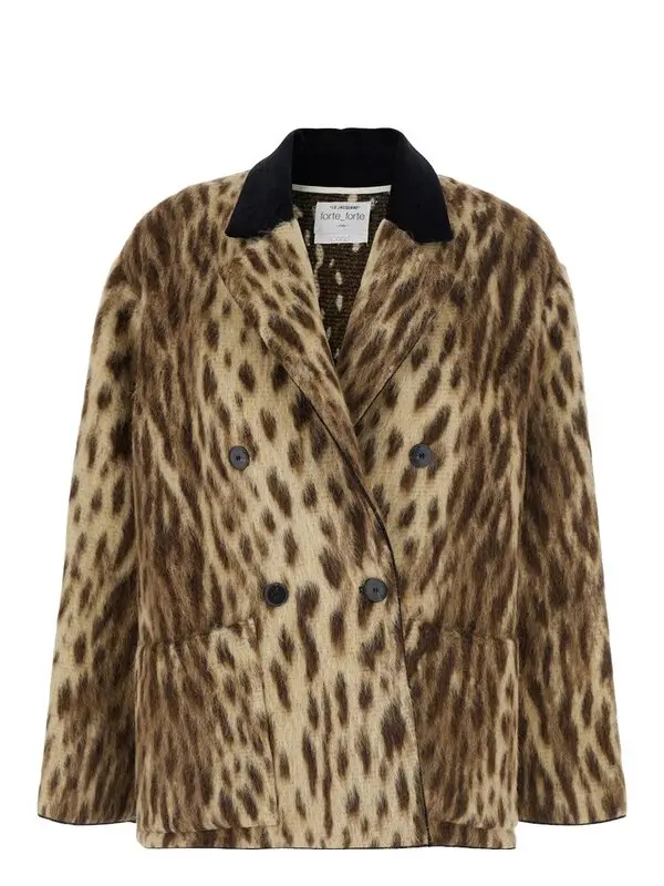 FORTE_FORTE Coat Royal Leopard With Collar And Long Sleeves In Jacquard, Beige - Multicolor