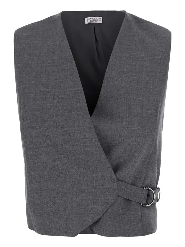 Brunello Cucinelli Grey Sleeveless Top With V-neck And Side Buckle Closure In Wool Blend For - Multicolor
