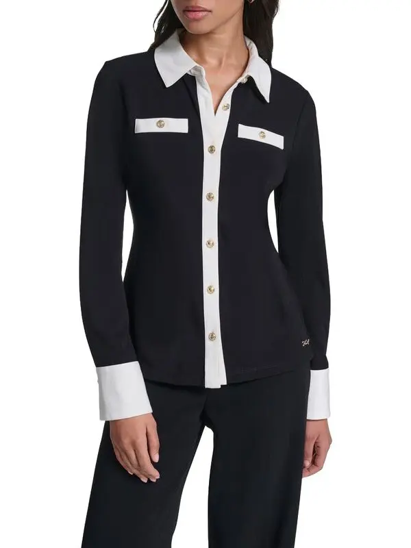 Karl Lagerfeld Paris Contrast Trim Collared Knit Top - Black