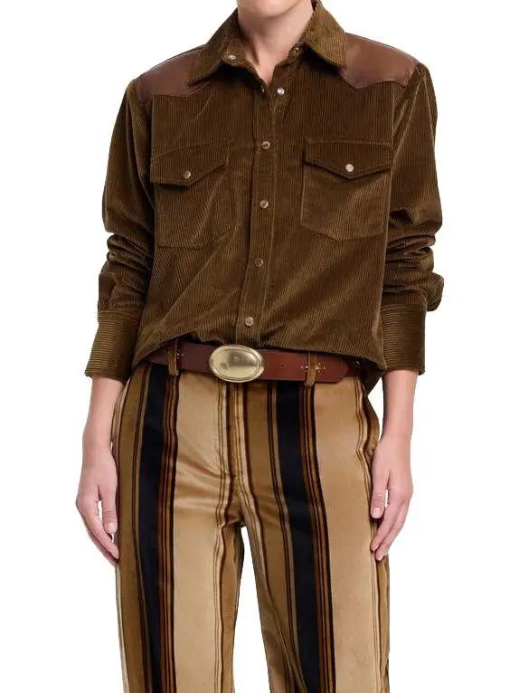 TWP Cowboy Take Me Away Corduroy Shirt With Leather Yoke - Pinecone/bison