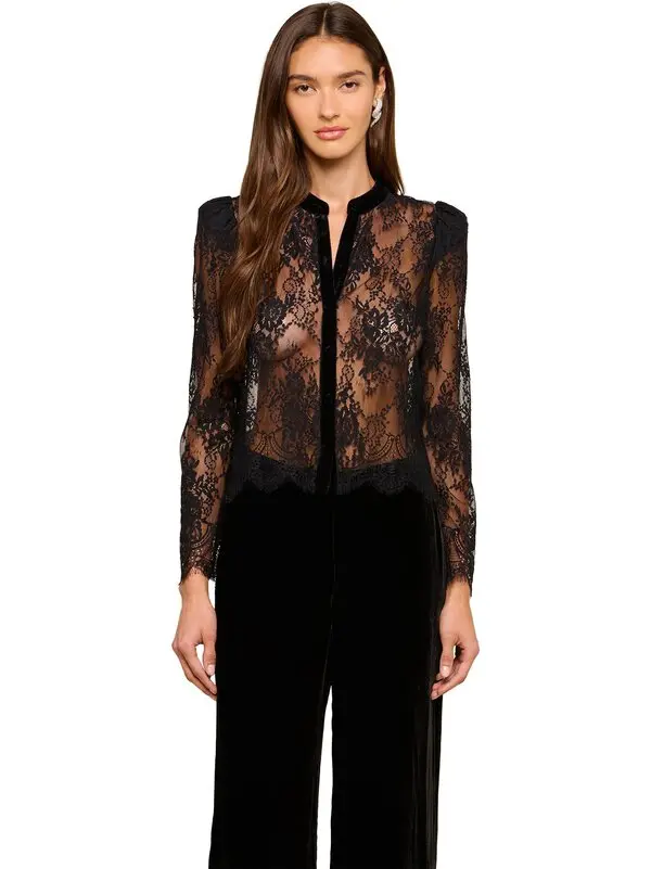 L'Agence Dorothea Velvet Lace Blouse Top - Black