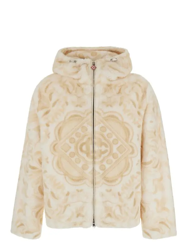 Casablanca Beige Hooded Jacket With Embossed Logo On The Front And Back In Faux Fur - Multicolor