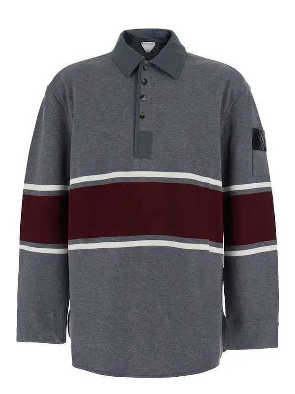 Bottega Veneta Grey Sweatshirt With Polo Shirt-style Collar And Maxi Stripe On Front And Back In Cotton For - Gray