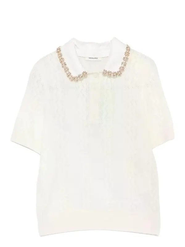 Sandro Crystal-embellished Pointelle-knit Polo Shirt - Neutrals