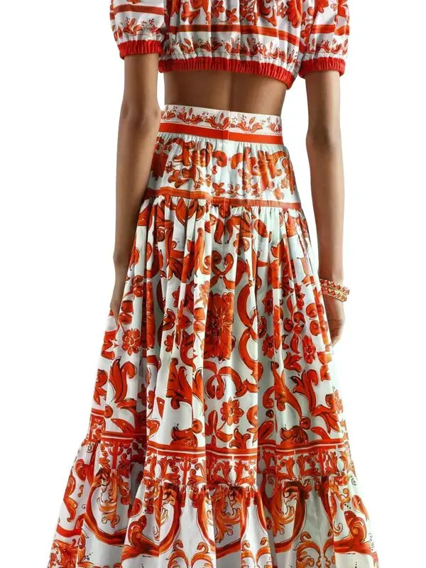 Dolce & Gabbana Majolica-print Poplin Long Skirt - White