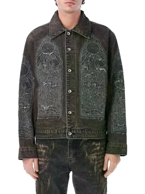 WHO DECIDES WAR Distressed Cathedral-patch Denim Jacket - Black