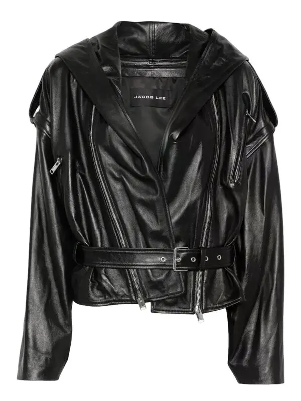 JACOB LEE Hooded Leather Biker Jacket - Black