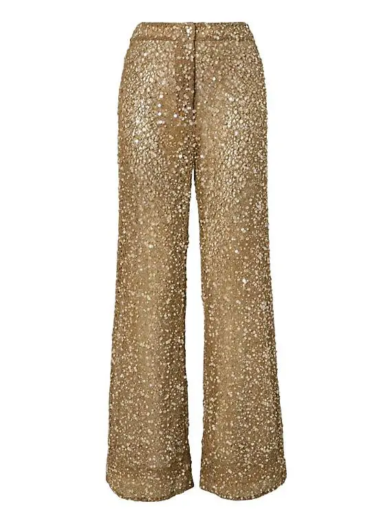 MALINA Pamela Embellished-sequin Straight-leg Trousers - Camel