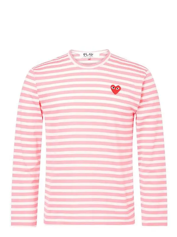 Play Comme Des Garcon Striped Heart Motif-logo Long-sleeve T-shirt - Pink
