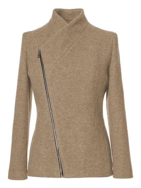 JANA COSHÈ Wool Jacket With Asymmetric Zip – Handmade From Italian Virgin Wool - Brown