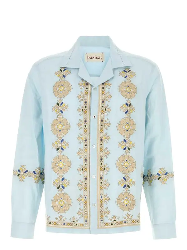 BAZISZT Roses Cotton Blend Shirt - Light Blue