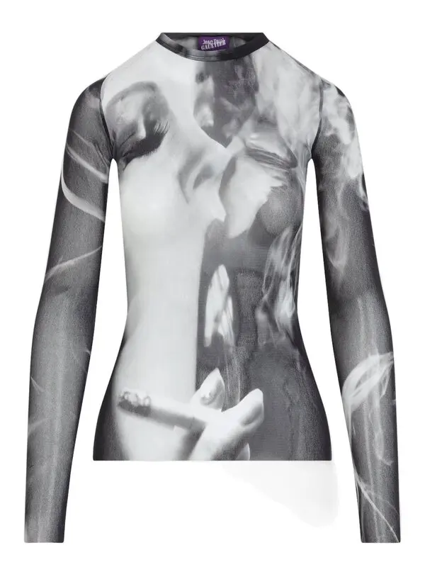JEAN PAUL GAULTIER Mesh Long Sleeve Top Printed "smoking Women - Black