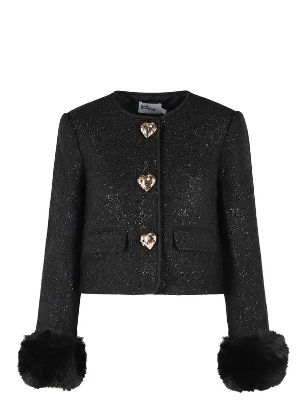 SELF-PORTRAIT Embellished Tweed Cropped Jacket With Faux Fur Cuffs - Black