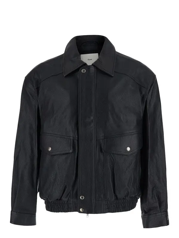 DUNST Oversized Vintage Leather Blouson Jacket - Black