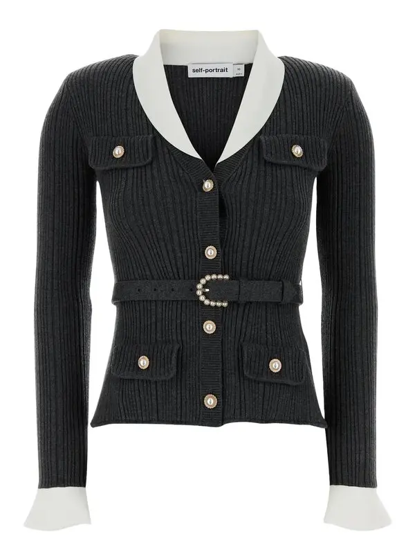 SELF-PORTRAIT Ribbed Button-front Cardigan With Belt - Grey