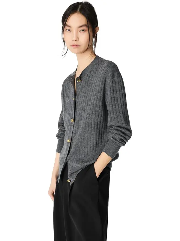 Bottega Veneta Lightweight Wool Ribbed Cardigan With Metal Knot Buttons - Grey