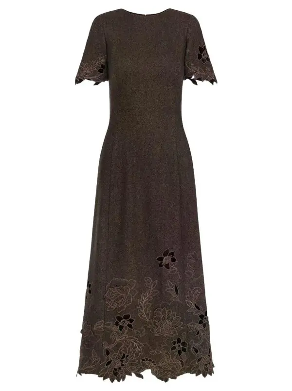 Oscar De La Renta Peony-cutout Herringbone Flared Midi Dress - Brown