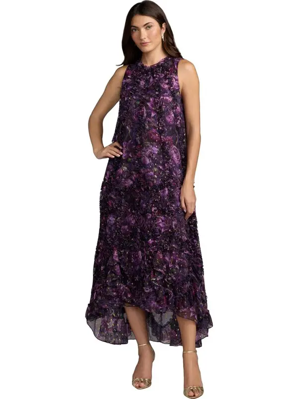Mac Duggal Petite Multi Sleeveless Floral Micro Ruffle Trapeze Midi Dress - Purple