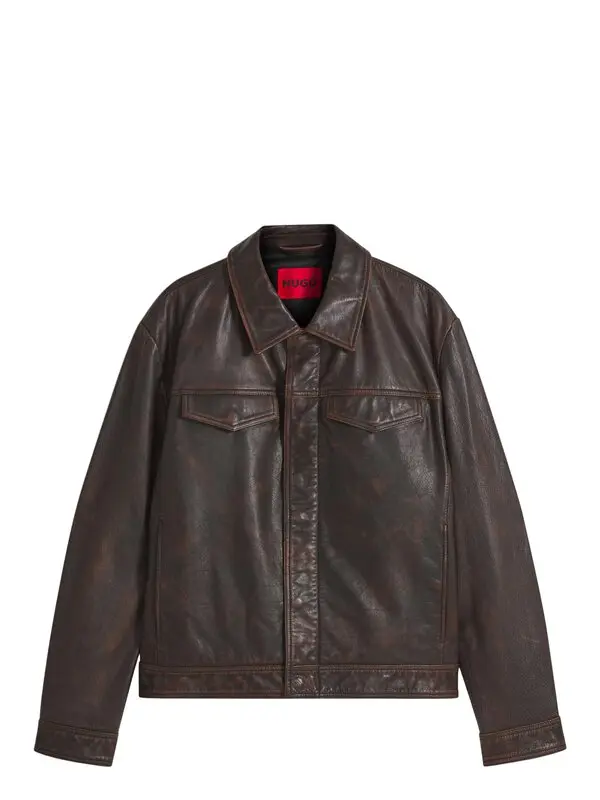 Hugo Regular-fit Leather Jacket With Chest Pockets - Brown