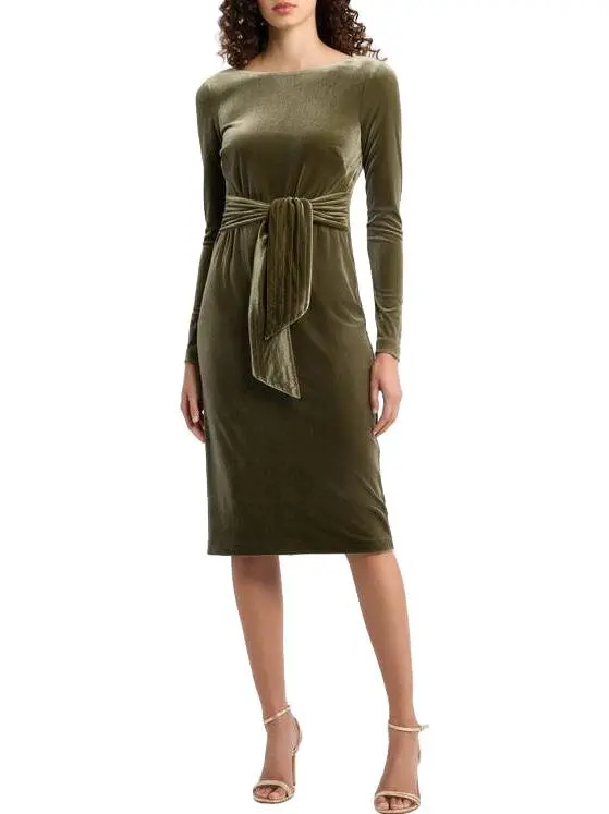 Eliza J Bateau Neck Velvet Sheath Dress - Olive