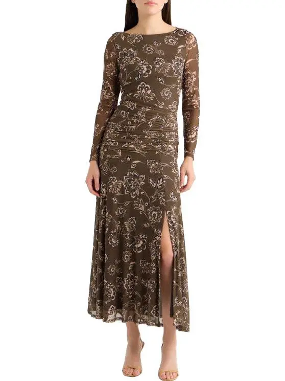 Eliza J Paisley Long Sleeve Mesh Maxi Dress - Olive