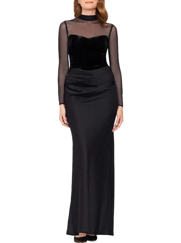 Betsy & Adam Long Sleeve Mixed Media Dress - Black