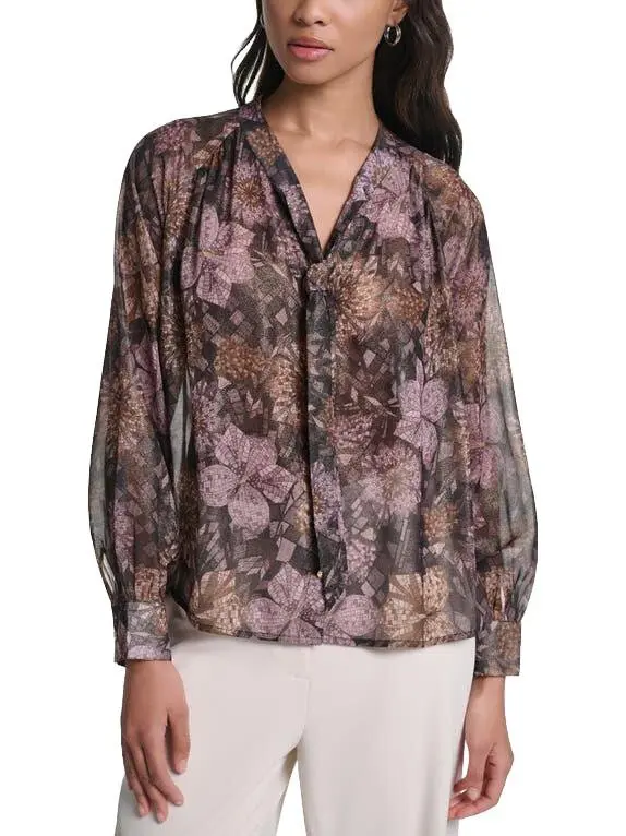Karl Lagerfeld Paris Foil Chiffon Tie Neck Top - Chocolate Multi