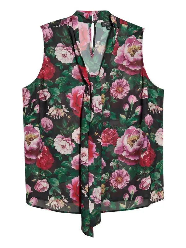 TAHARI ASL Tie Front Sleeveless Top - Black Multi