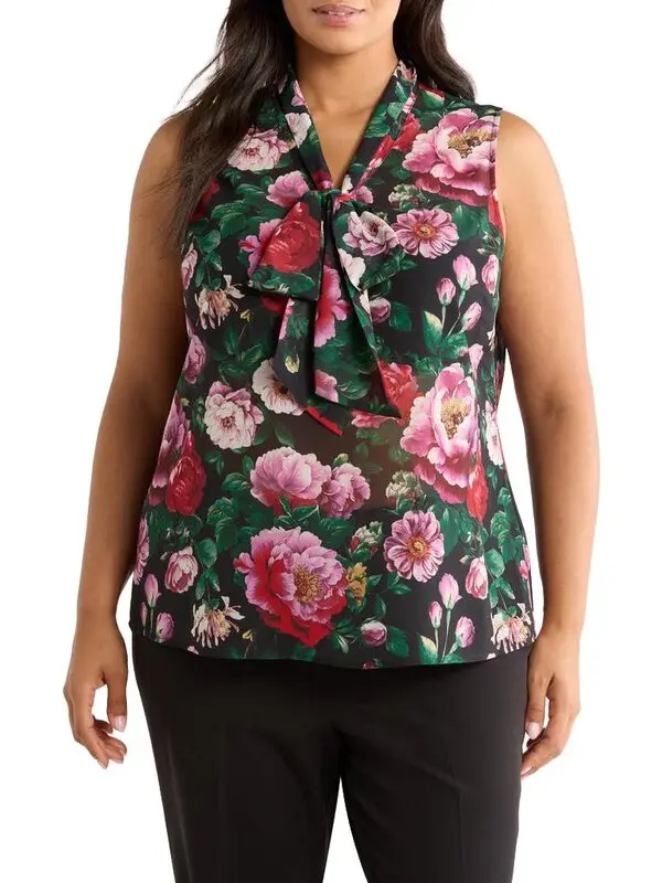 TAHARI ASL Tie Front Sleeveless Top - Black Multi