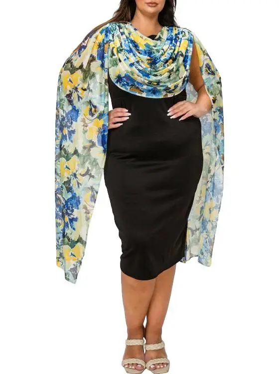 L I V D Evolette Floral Cape Sheath Dress - Black