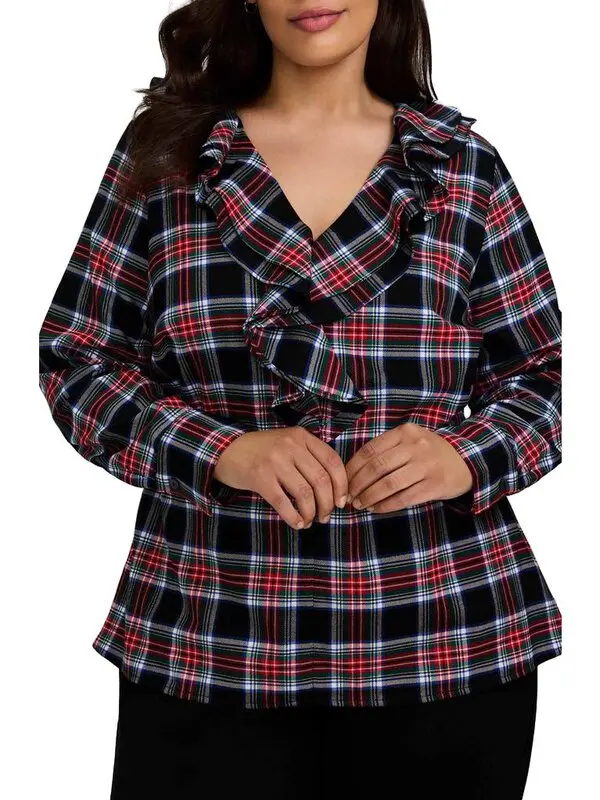 Foxcroft Sandy Plaid Ruffle Neck Long Sleeve Popover Top - Red/multi Plaid