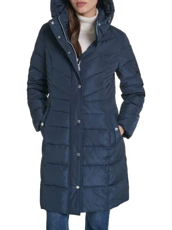 Cole Haan Hooded Taffeta Puffer Coat - Navy