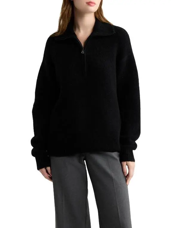 Fleurette Boucle Quarter Zip Mock Neck Pullover - Black
