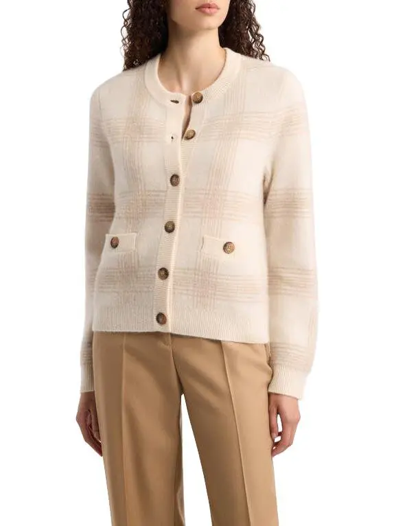 Fleurette Windowpane Plaid Cashmere & Silk Cardigan - Cream