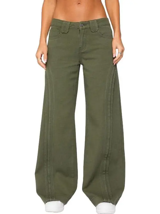 EDIKTED Pascale Stitched Low Rise Wide Leg Jeans - Olive