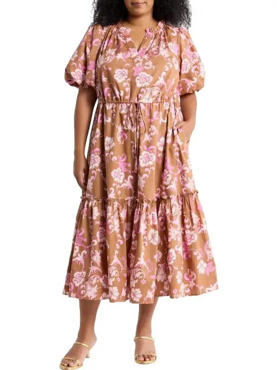 SUGARLIPS Ginny Bubble Sleeve Midi Dress - Brown-multi