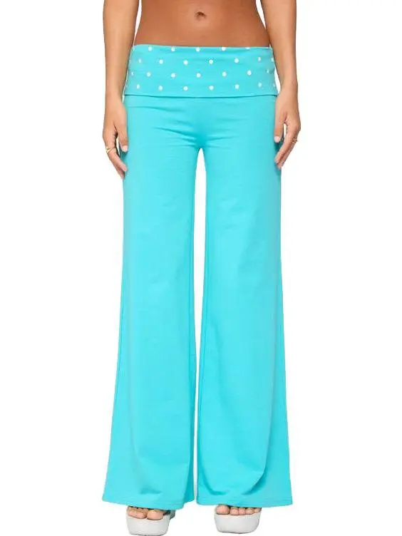 EDIKTED Reeva Polka Dot Foldover Pants - Turquoise