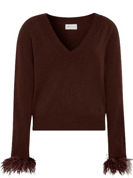 MILLY Feather Cuff V-neck Sweater - Brown