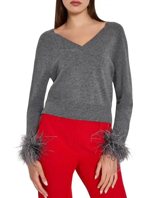 MILLY Feather Cuff V-neck Sweater - Grey Heather