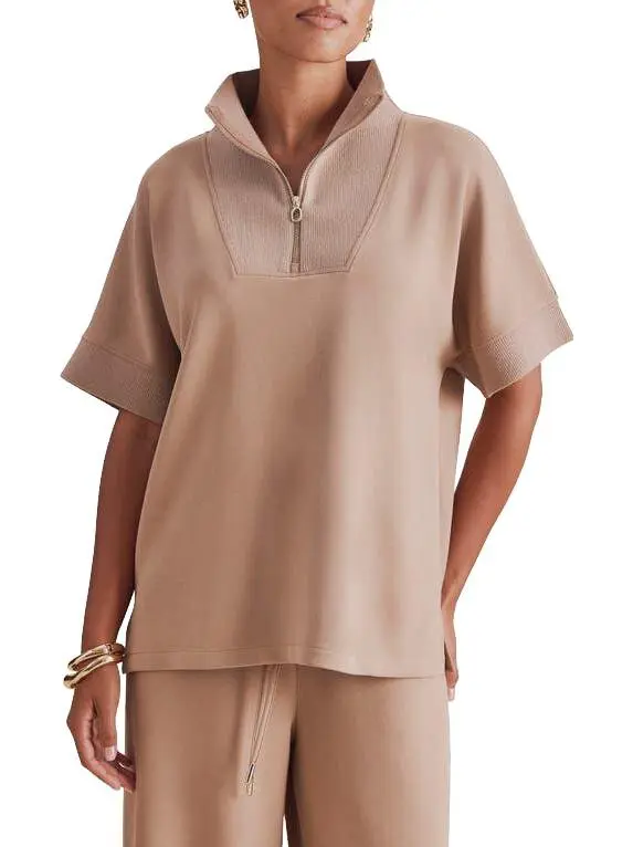 Splendid X Cellajaneblog Short Sleeve Scuba Knit Quarter Zip Sweatshirt - Praline Brown