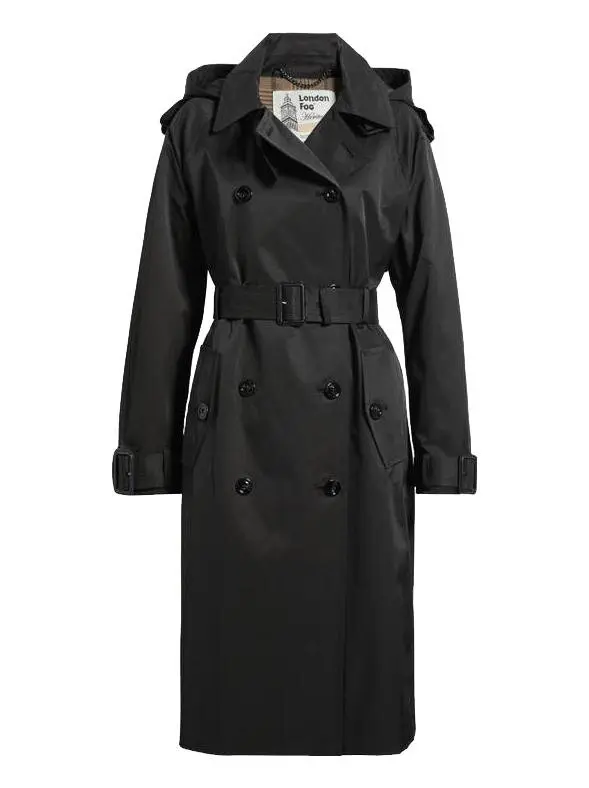 London Fog Water Resistant Double Breasted Trench Coat With Removable Hood - Black