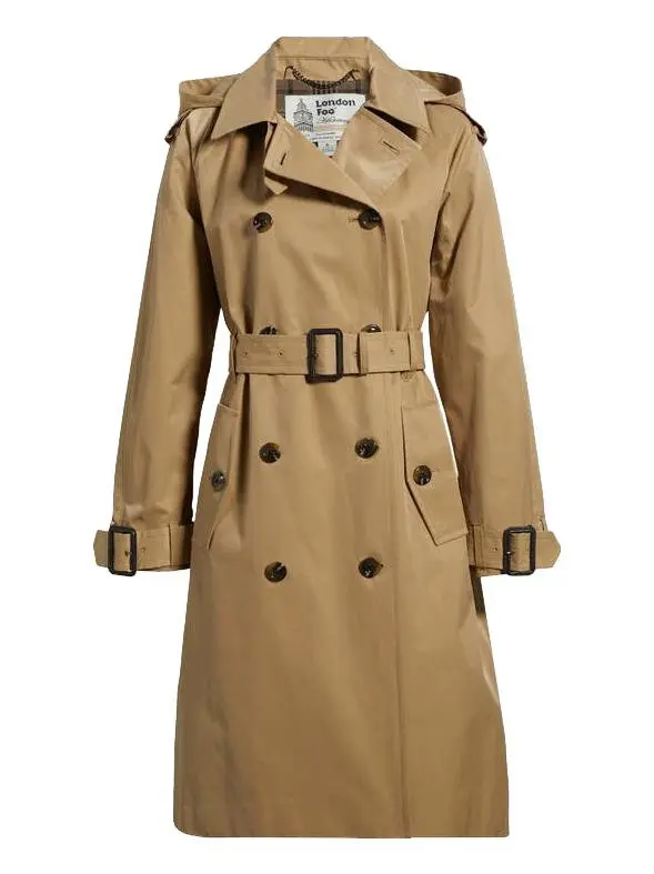 London Fog Water Resistant Double Breasted Trench Coat With Removable Hood - Stone