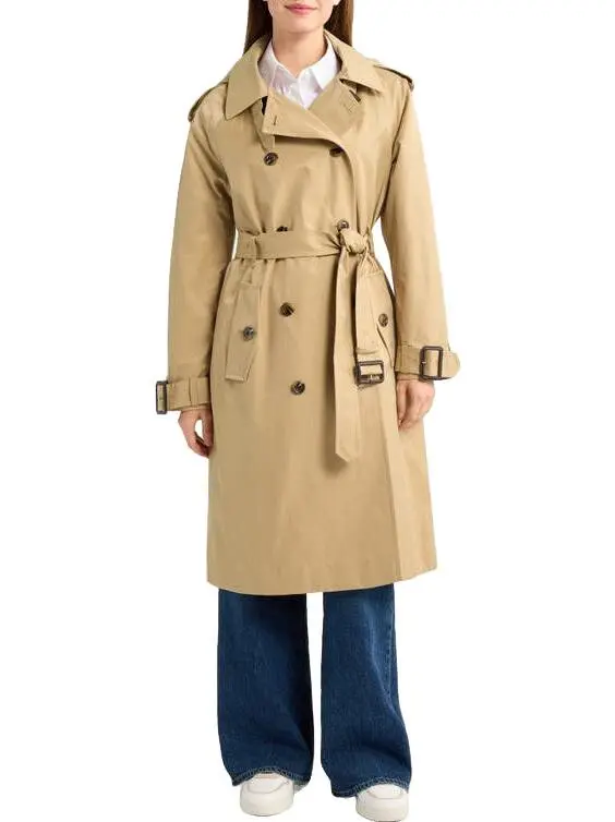 London Fog Water Resistant Double Breasted Trench Coat With Removable Hood - Stone