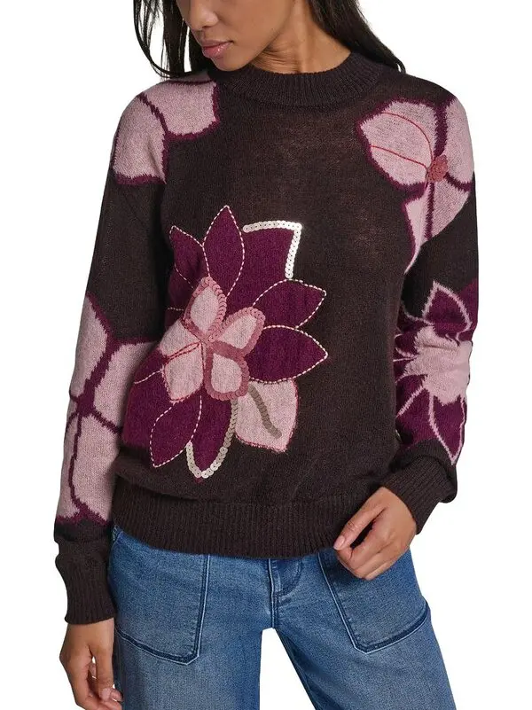 Karl Lagerfeld Paris Floral Sequin Crewneck Sweater - Chocolate